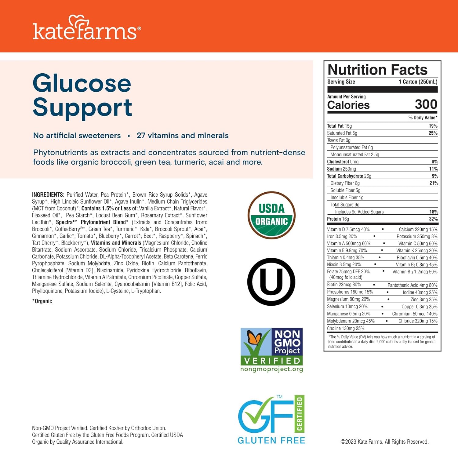Kate Farms Glucose Support 1.2 Shake, Vanilla Flavor, Organic Plant ...