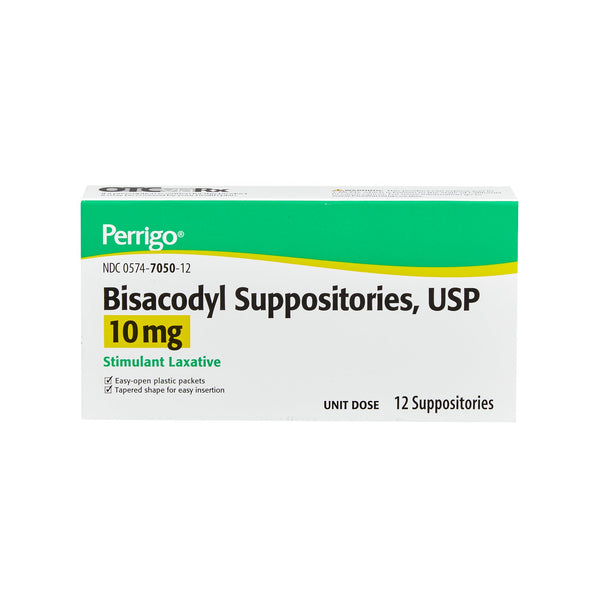 Perrigo Laxative Suppository, 10 mg Strength, Bisacodyl USP, Box of 12