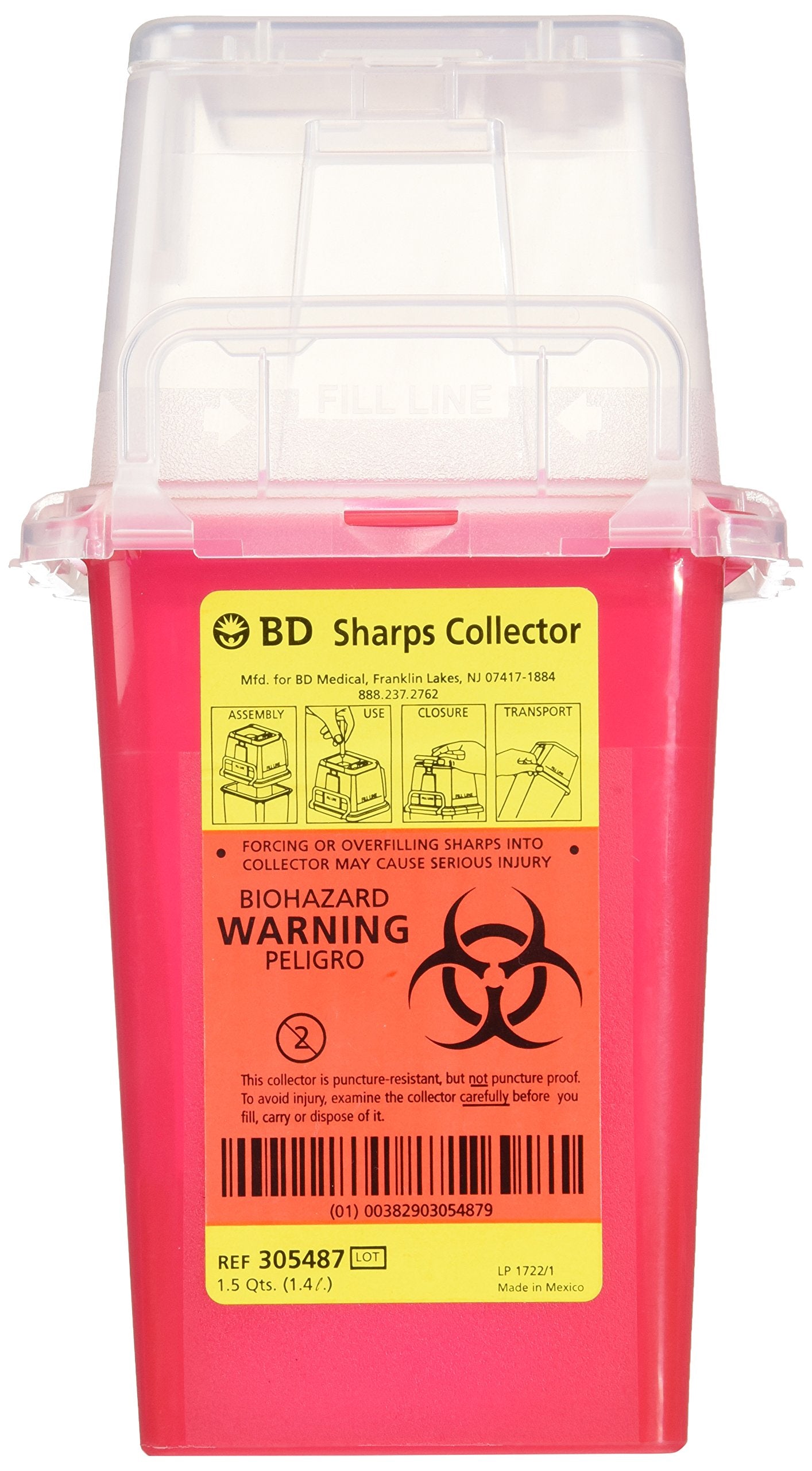BD Phlebotomy Sharps Red Base Container with Vertical Entry Lid, 1.5 Quart